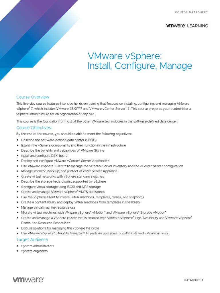 EDU - DATASHEET VMware Vsphere Install Configure Manage V7 U1x ...