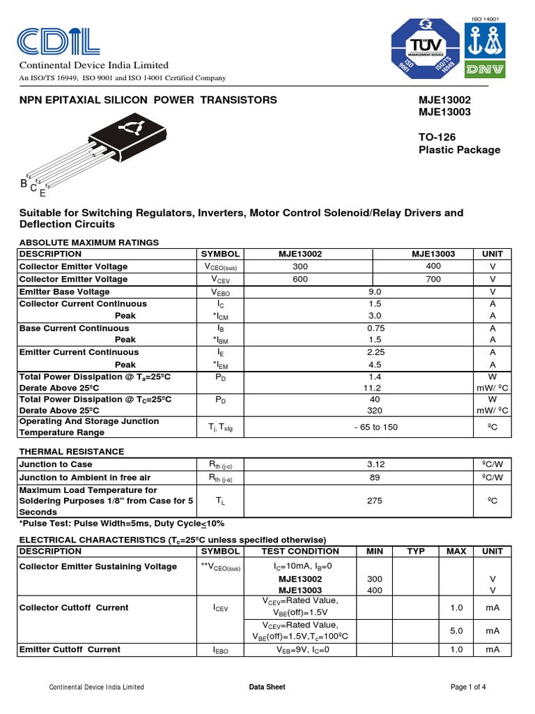 NPN Epitaxial Silicon Power Transistors MJE13002 MJE13003 TO-126 ...