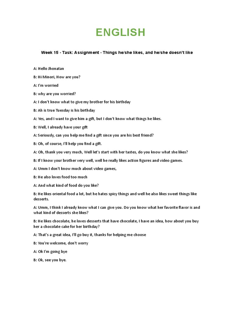 Week 15 - Task Assignment - Things He She Likes and He She Doesn't Like ...