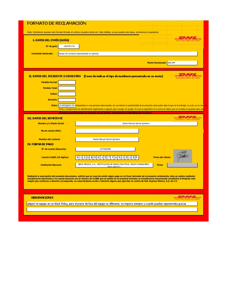 Formato de Reclamación DHL | PDF | Bancos