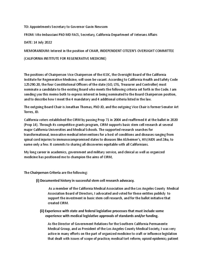 CIRM Chair Nomination Interest | PDF | Health Sciences | Medicine