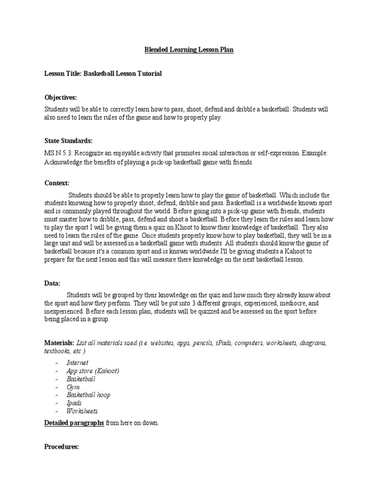 Basketball Skills Blended Learning Plan | PDF | Learning | Teachers