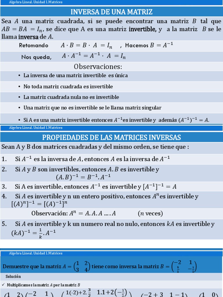 Inversa y Propiedades de Matrices | PDF | Matriz (Matemáticas ...