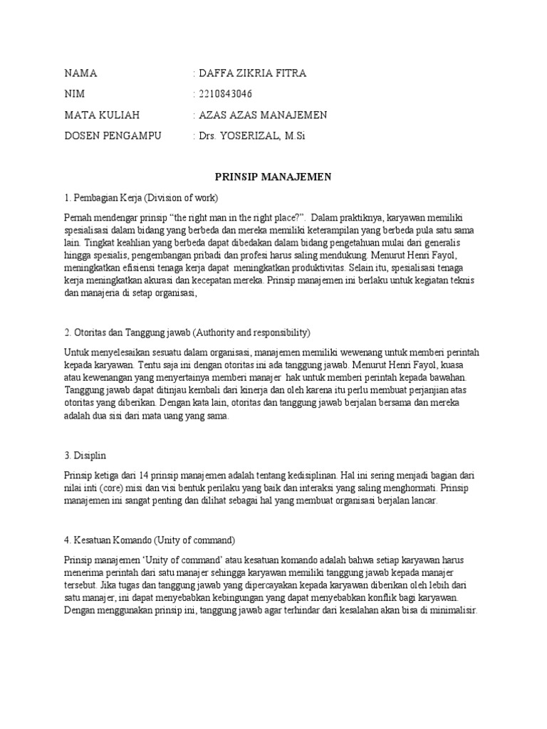 Prinsip Manajemen Henri Fayol | PDF | Karier & Perkembangan