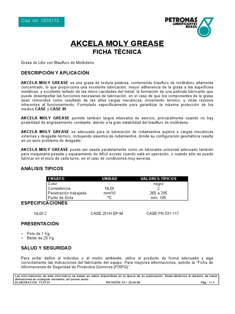 Akcela Moly Grease: Ficha Técnica | PDF | Rodamiento (Mecánico) | Lubricante