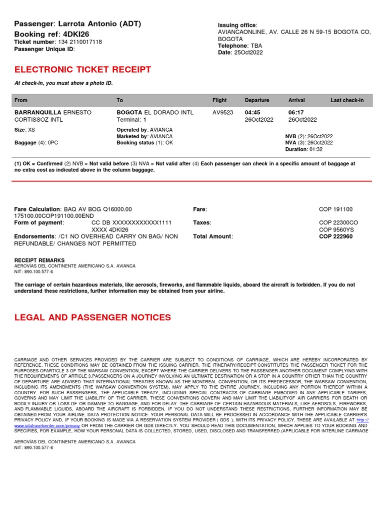 AVIANCA flight receipt from Barranquilla to Bogota | PDF | Airlines
