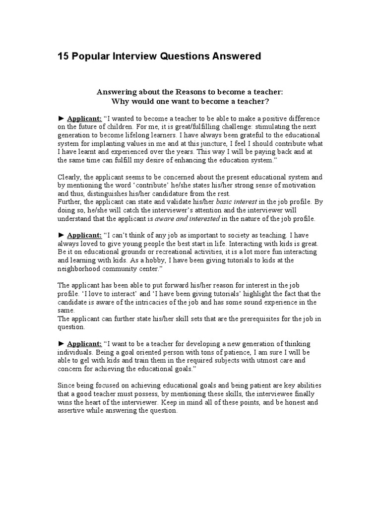 Top 15 Teacher Interview Answers | PDF | Teaching Method ...