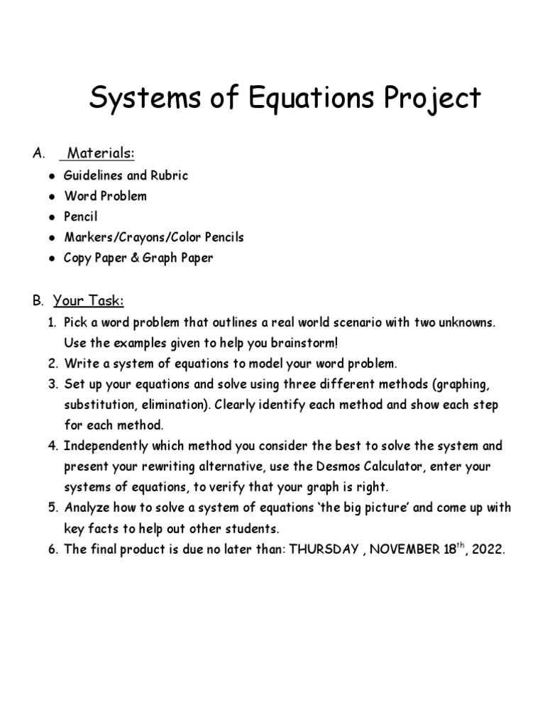 2 Systems of Equations Project - Overview and Rubric | PDF | Equations ...