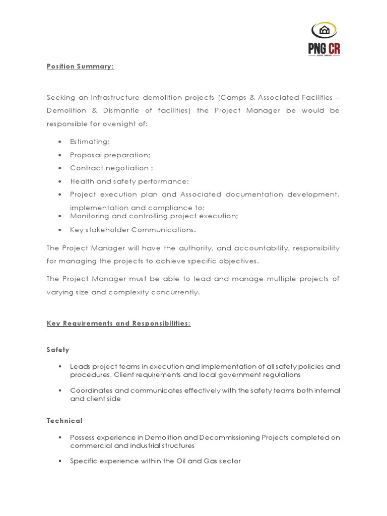 Project Manager - Demolition JD | PDF | Procurement | Leadership