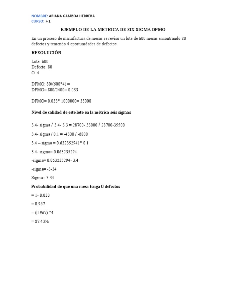 Ejemplo de La Metrica de Six Sigma Dpmo | PDF | Métodos y materiales de enseñanza | Computadoras