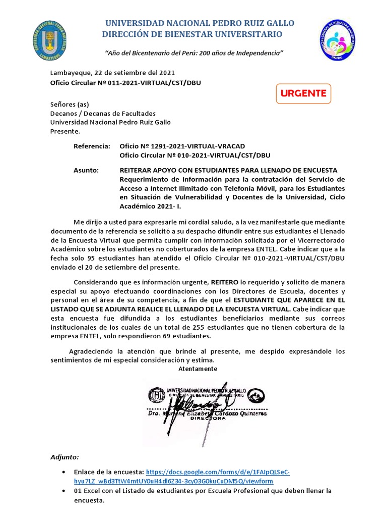 Oficio 011-2021-Virtual-Dbu - Decanos - Reiterar Llenado Encuesta ...