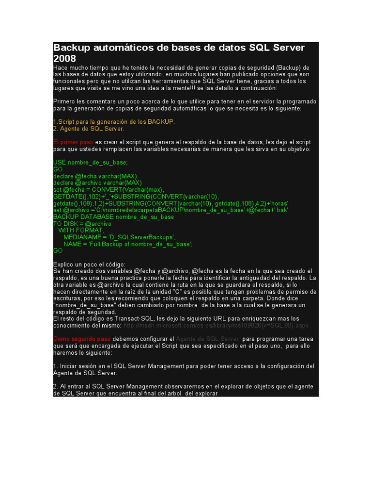 Backups Automáticos en SQL Server 2008 | PDF | Servidor SQL de Microsoft | Apoyo