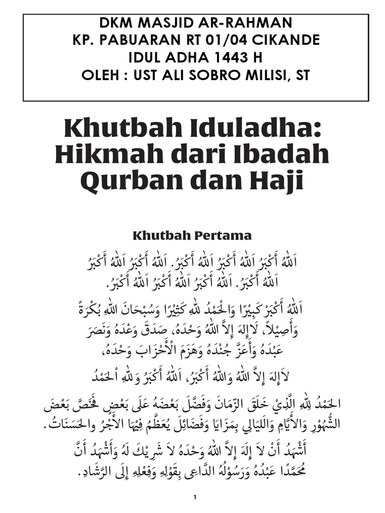 Khutbah Idul Adha 2022 - Hikmah Dari Ibadah Qurban Dan Haji | PDF