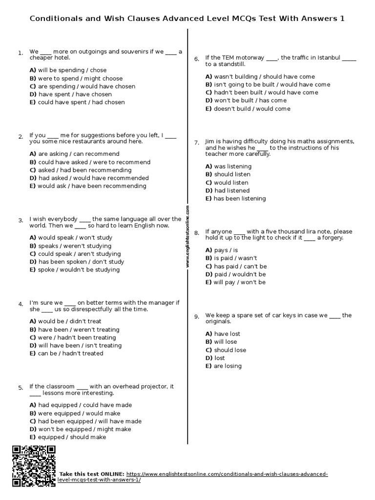 Advanced MCQs on Conditionals and Wishes | PDF | Multiple Choice