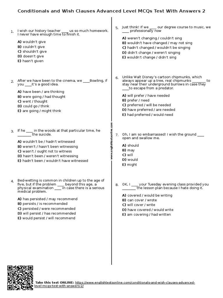 903 - Conditionals and Wish Clauses Advanced Level Mcqs Test With ...