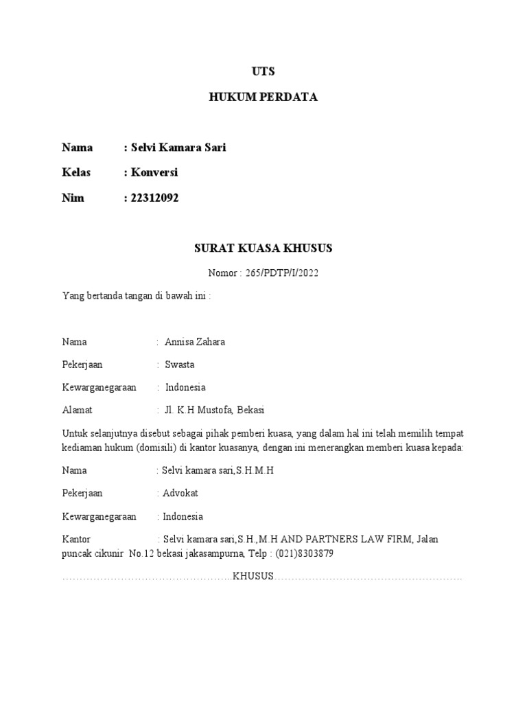 Surat Kuasa Khusus Perdata | PDF