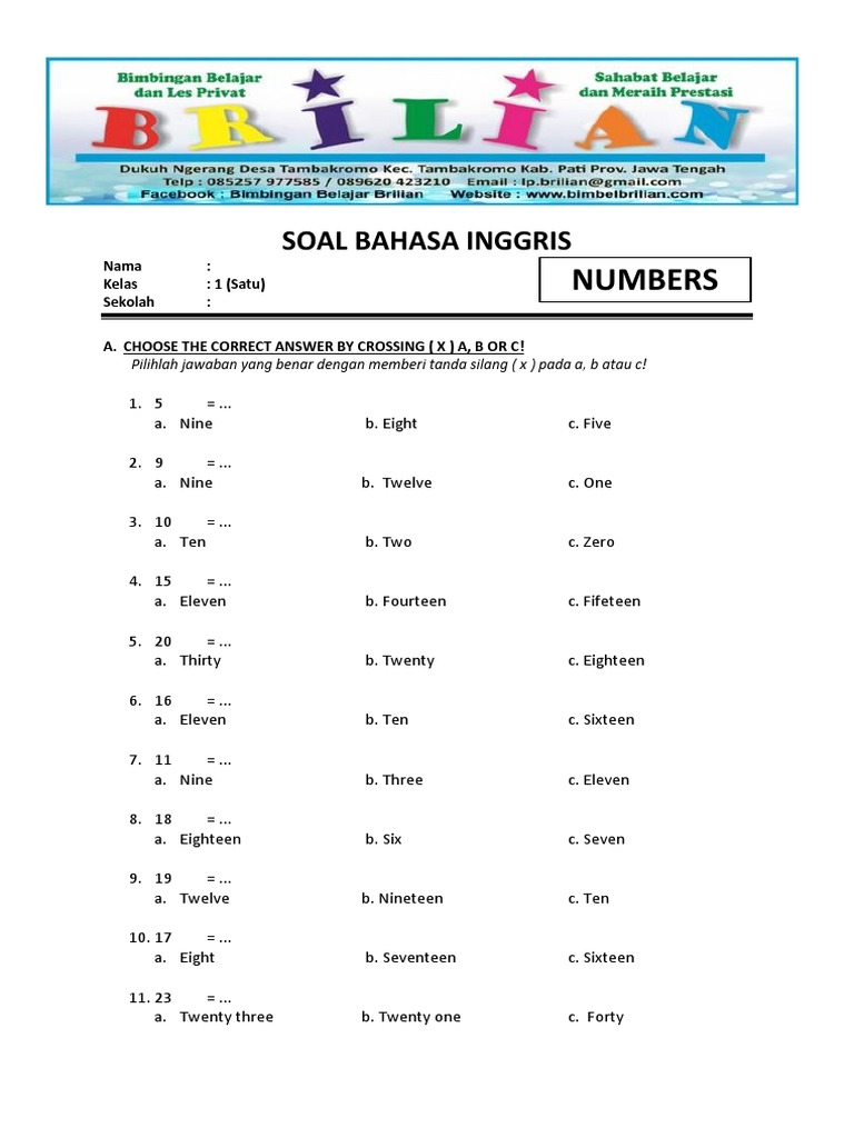 Soal Bahasa Inggris Kelas 1 SD Bab Angka-Angka (Numbers) - Pilihan Ganda | PDF