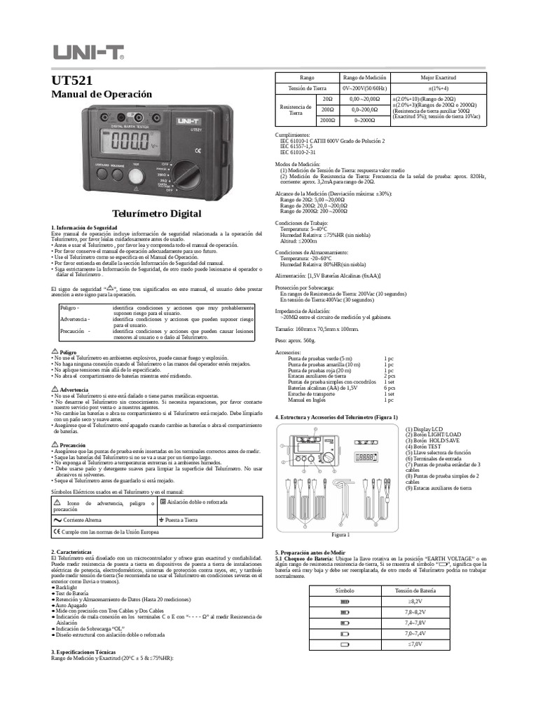 Manual Telurímetro Digital UT521 | PDF | Resistencia Eléctrica y Conductancia | Tierra