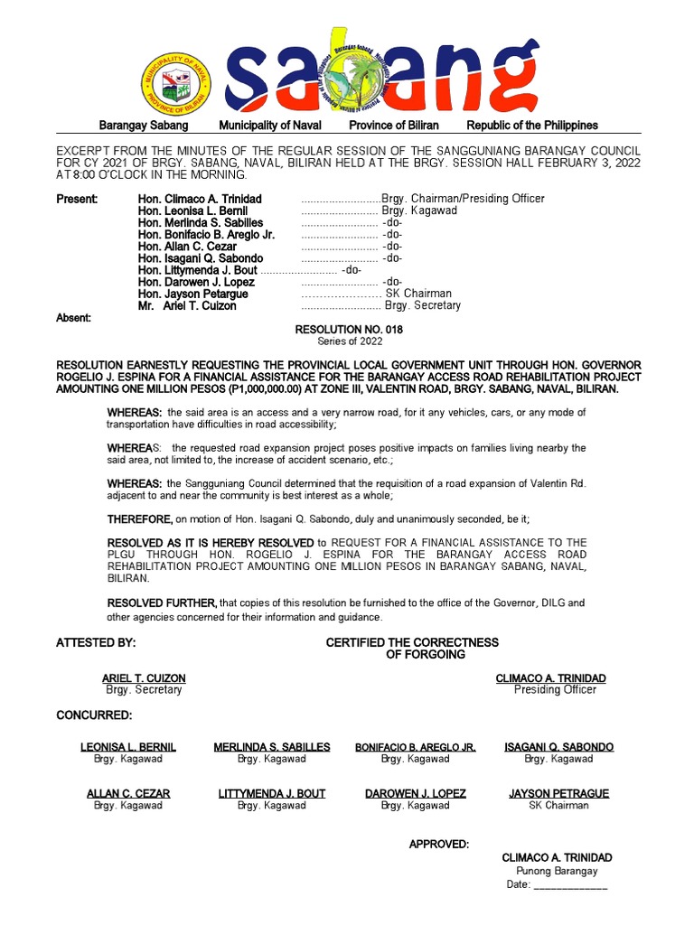 Resolution Requesting One Million Pesos in Financial Assistance from ...