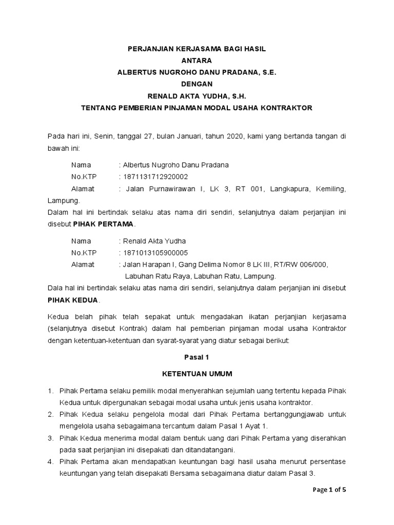 PERJANJIAN KERJASAMA BAGI HASIL (DANU) Edit | PDF