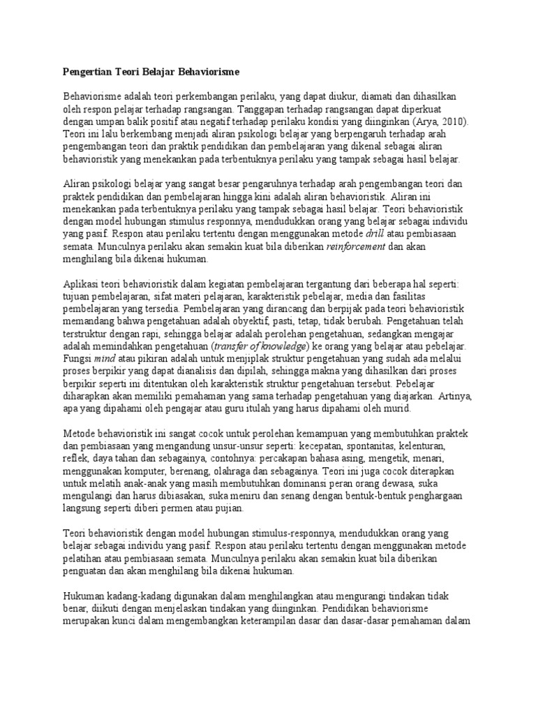 Pengertian Teori Belajar Behaviorisme | PDF