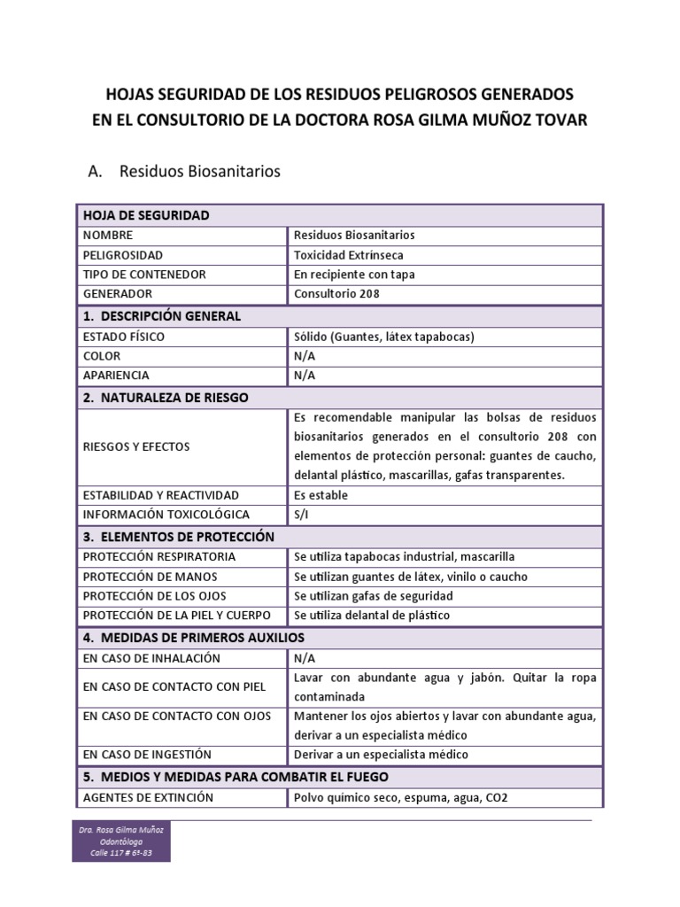 Hojas Seguridad de Los Residuos Peligrosos Generados | PDF | Agua | El plastico