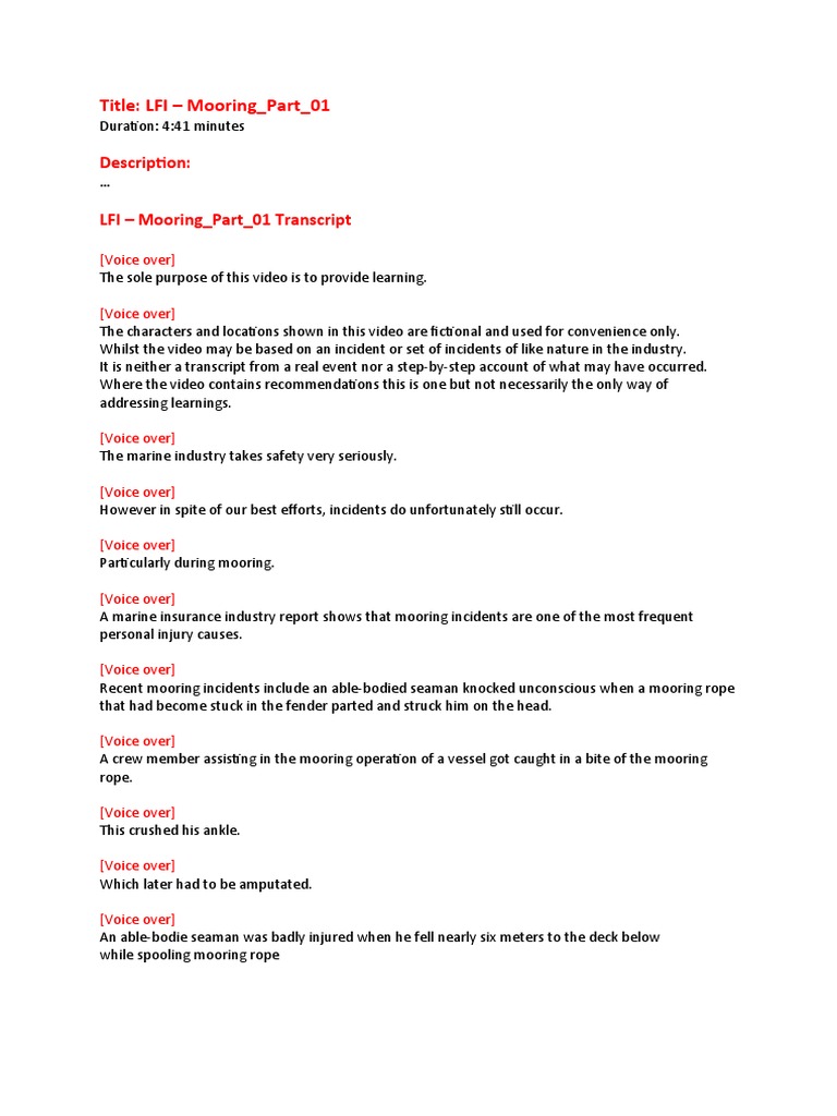 Lfi Focusing On Mooring Part1 Transcript | PDF | Sailor | Shipping
