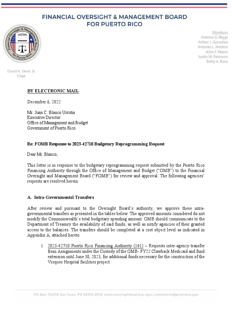 Carta de La Junta de Supervisión Fiscal | PDF | Office Of Management ...