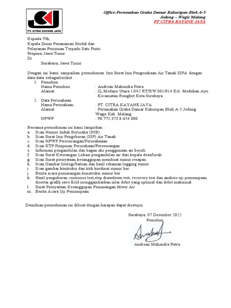 Permohonan Izin SIPA PT Citra Kayane Jaya | PDF