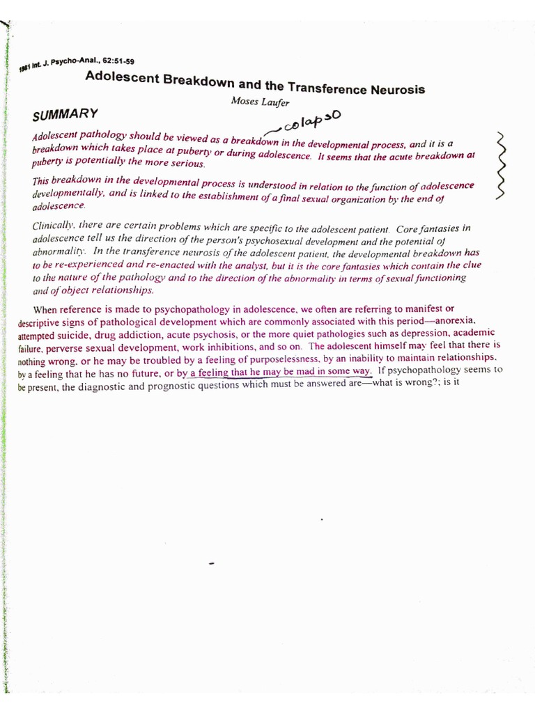 Adolescent Breakdown & The Transference Ne - Moses Laufer | PDF