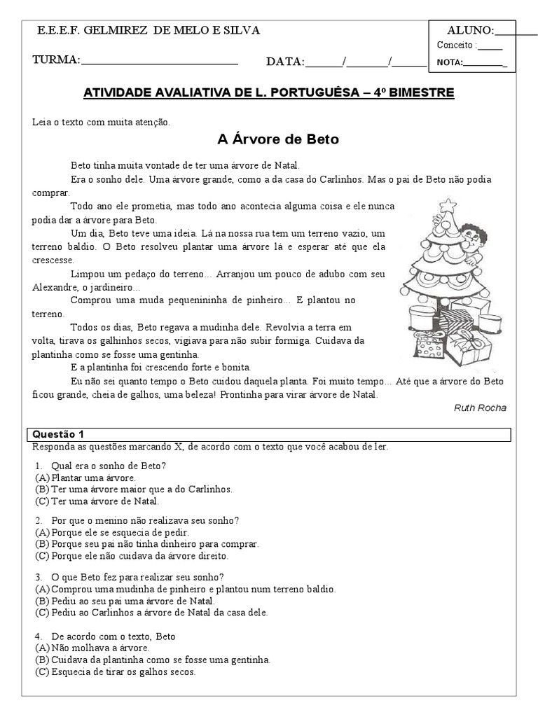 Prova de Portugues 4 Ano 4 Bimestre | PDF