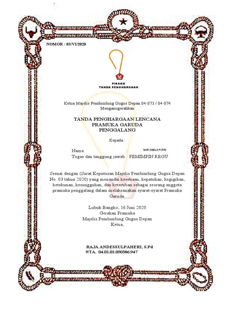 Contoh Piagam Penghargaan Pramuka Word IMAGESEE