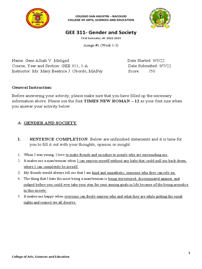 Maligad Week-1 Assignment GEE-311 Gender-Society CSAB | PDF | Gender | Gender Studies