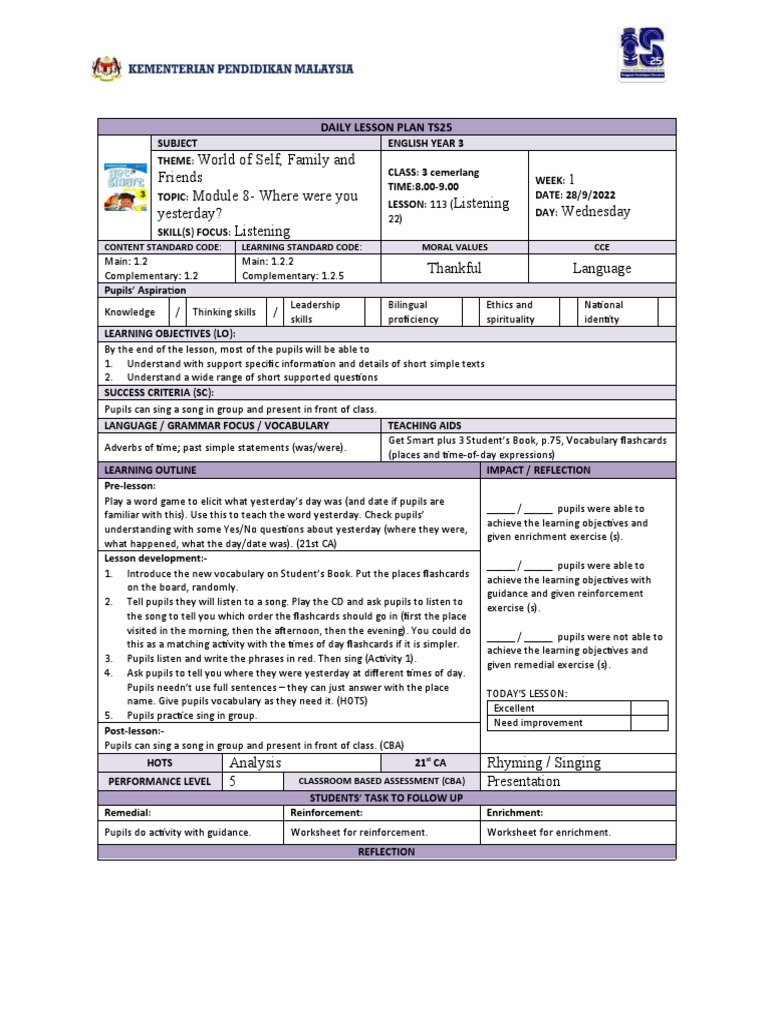 BI Y3 LP TS25 MODULE 8 (LP113-128) T | PDF | Lesson Plan | Teachers