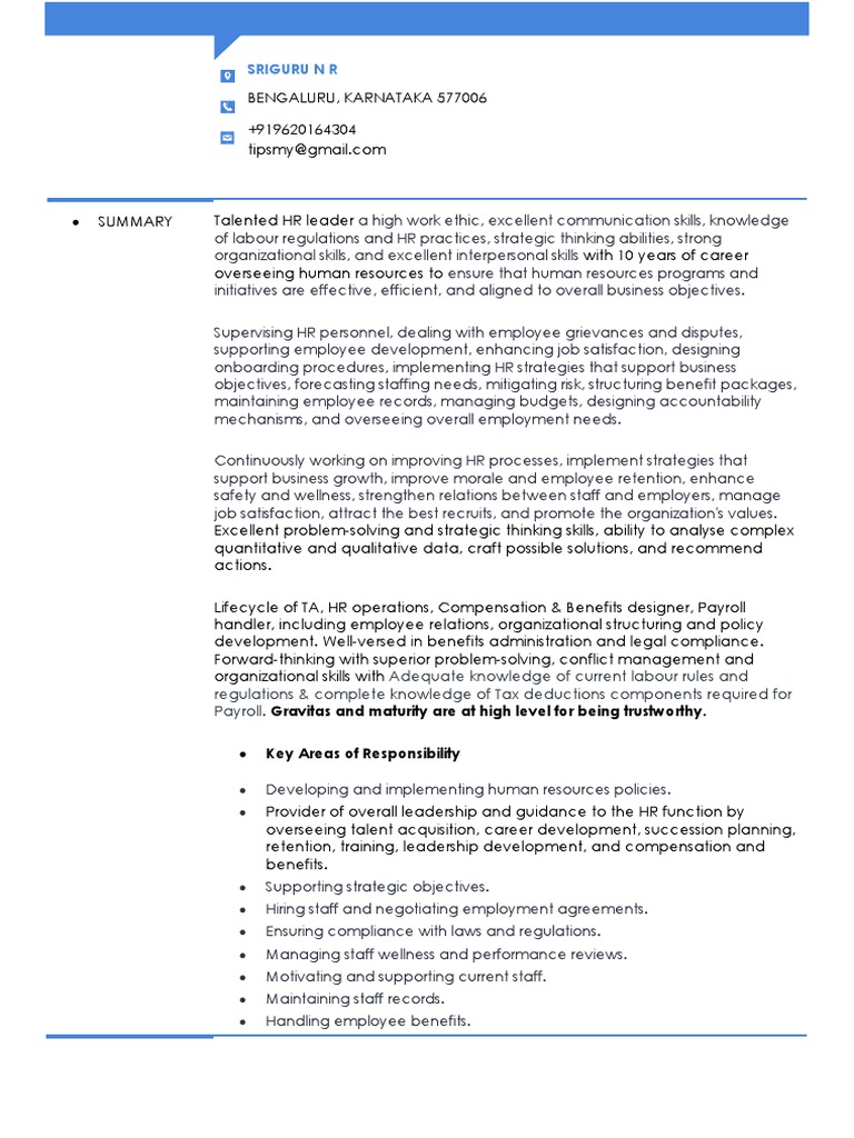 Sriguru's Resume | PDF | Human Resources | Compensation And Benefits