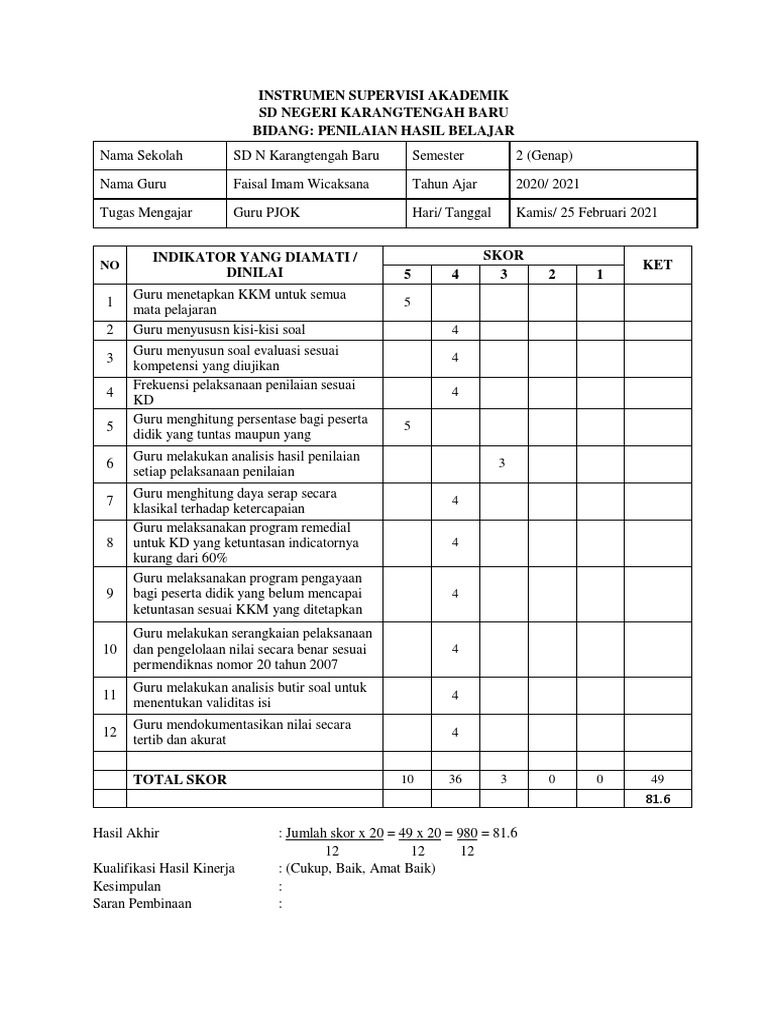 Instrumen Supervisi Penilaian Hasil | PDF
