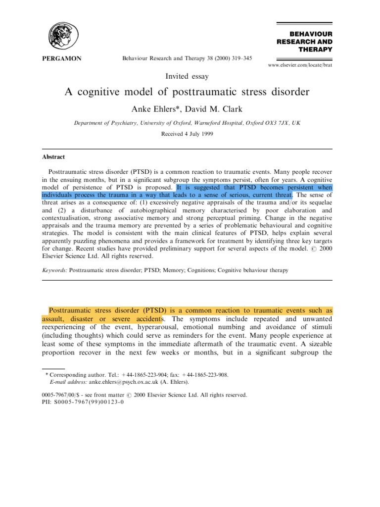 A Cognitive Model Os PTSD - Ehlers & Clark | PDF | Psychological Trauma ...