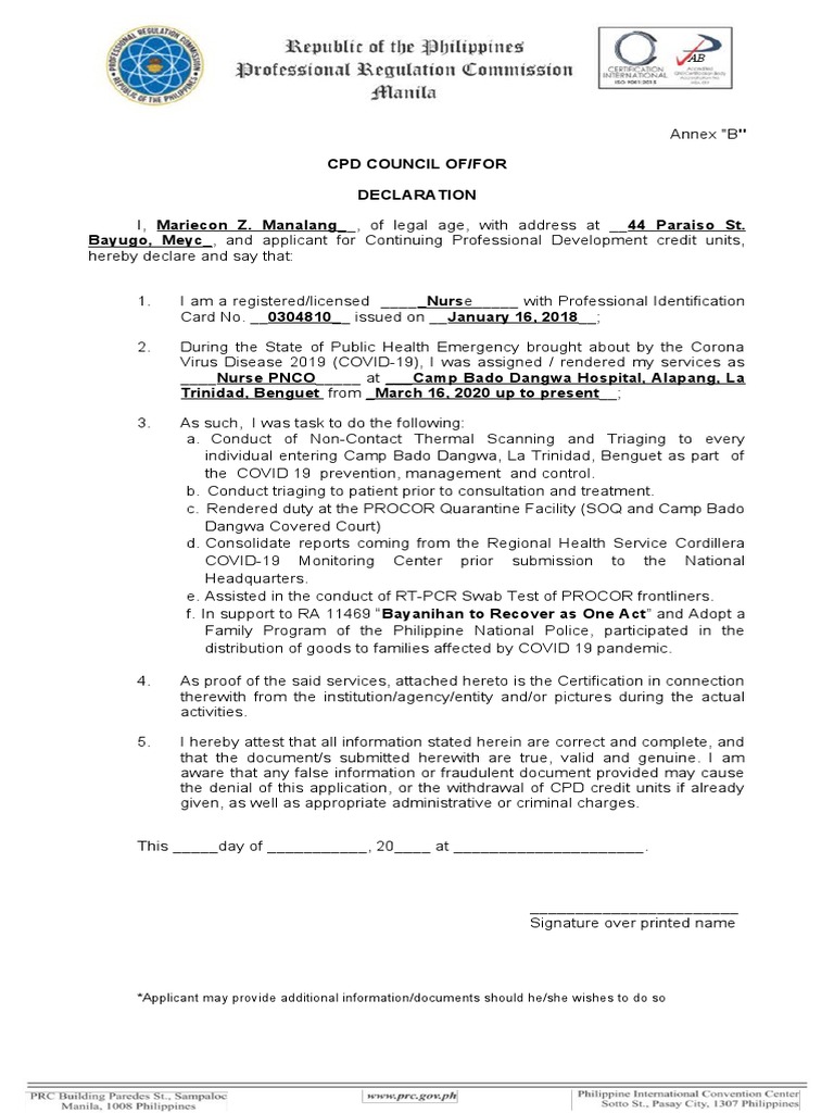 ANNEX B DECLARATION For CPD | PDF | Health Sciences | Medicine