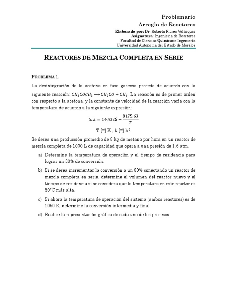 Problemas Arreglo de Reactores | PDF | Reactor Quimico | Velocidad de reacción