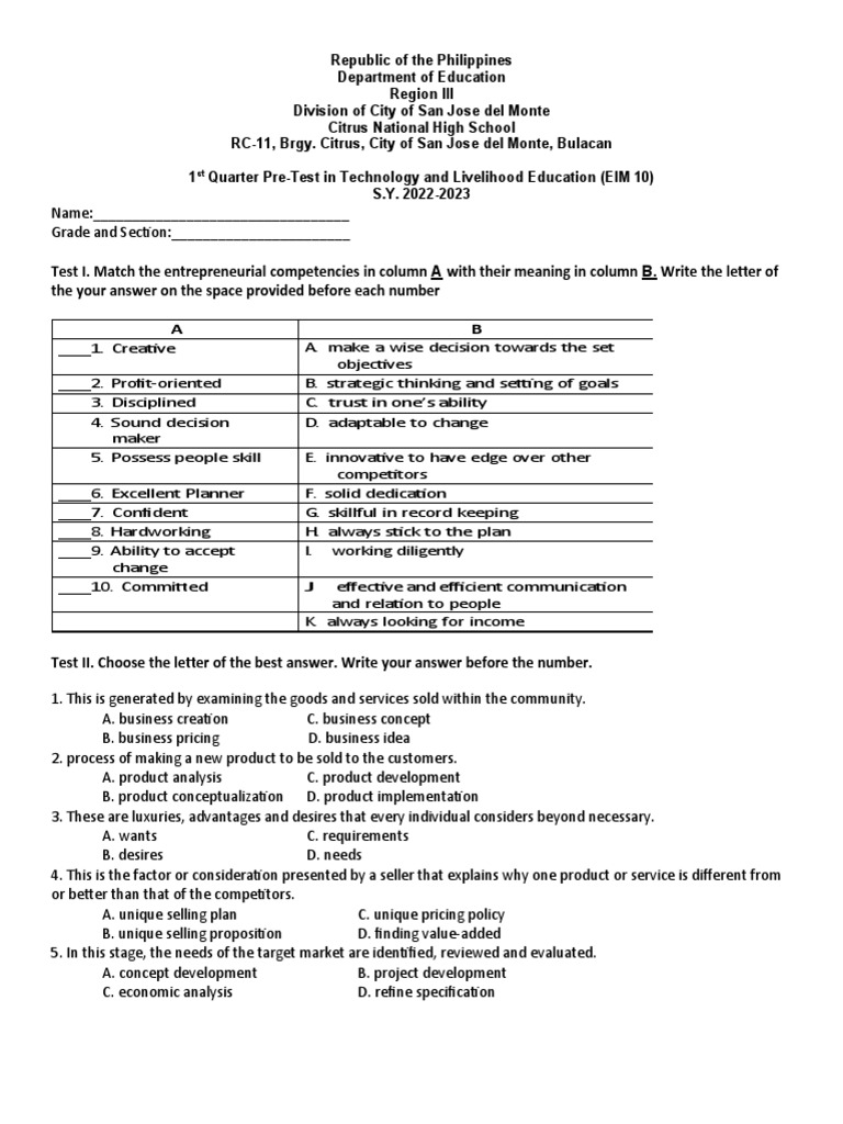 "Entrepreneurial Skills & EIM Pre-Test" | PDF | Electrical Wiring | Wire