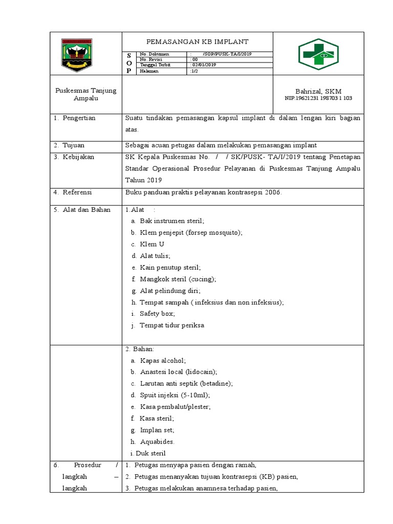 Sop KB Pemasangan Implant 2019 | PDF