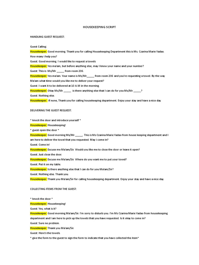Housekeeping Script | PDF
