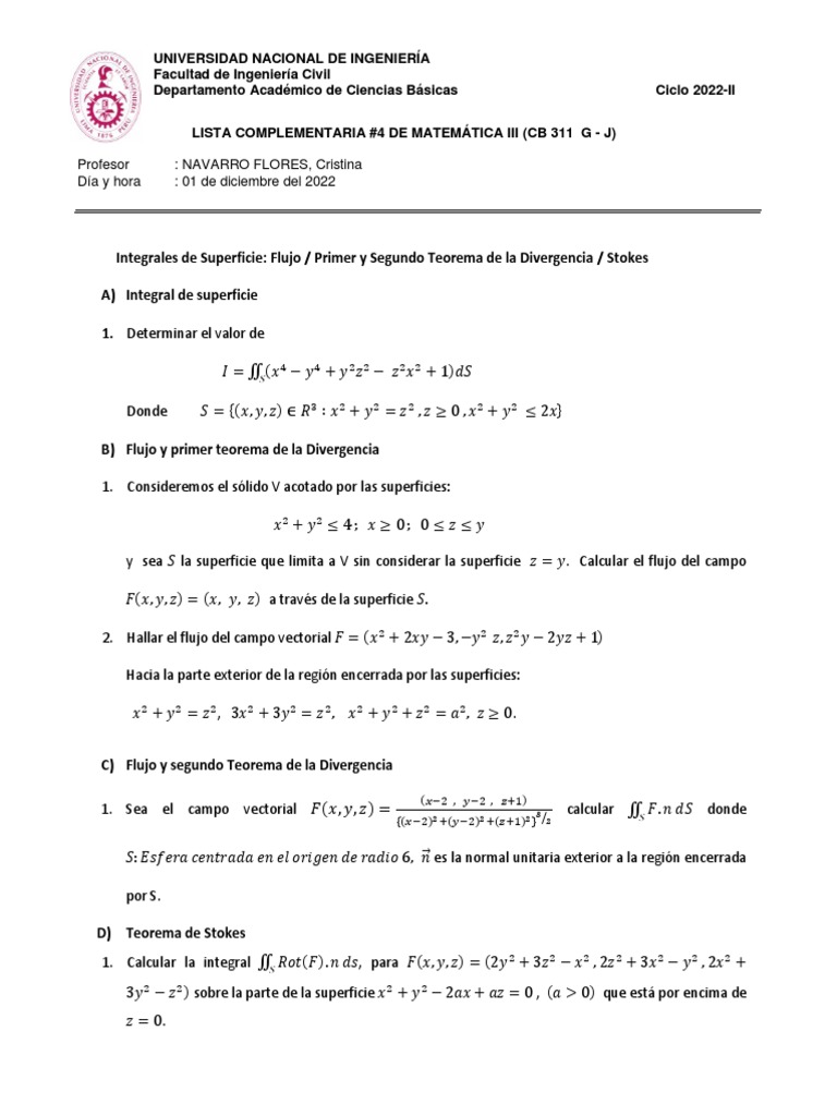 Lista Complementaria # 4 | PDF | Integral | Divergencia