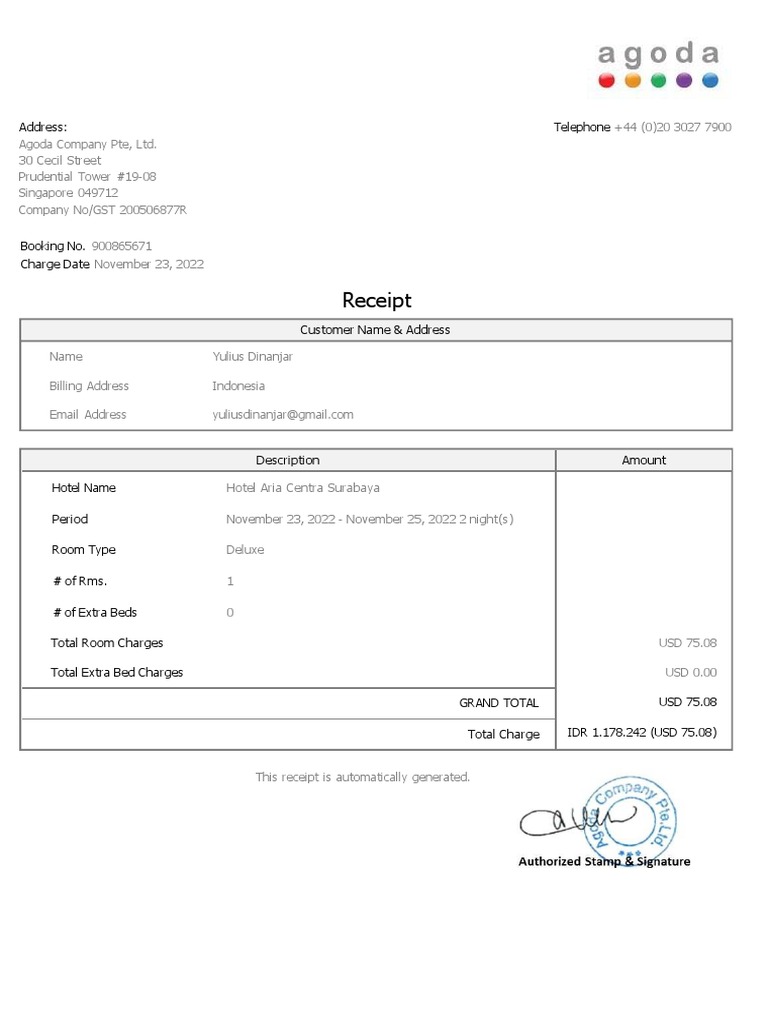 Agoda Booking Id 79495389 Receipt | PDF