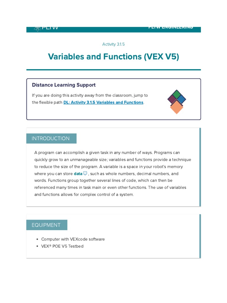 Activity 3.1.5 Variables & Functions VEX V5 2021 | Download Free PDF | Control Flow | Variable ...