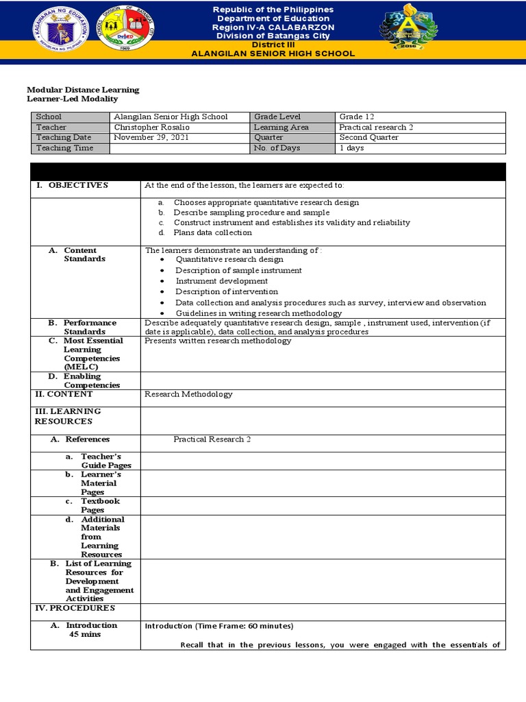 Week 1 Q3 LESSON EXEMPLAR - PR2 | PDF | Sampling (Statistics) | Methodology