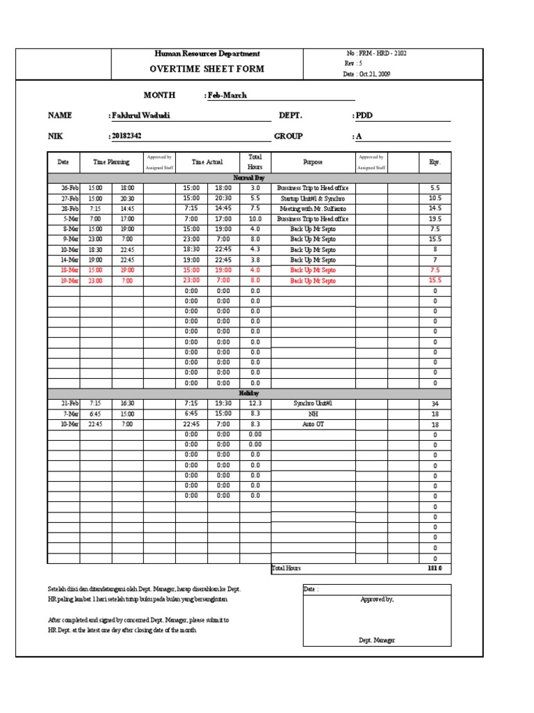 Overtime Sheet Form: Human Resources Department | PDF