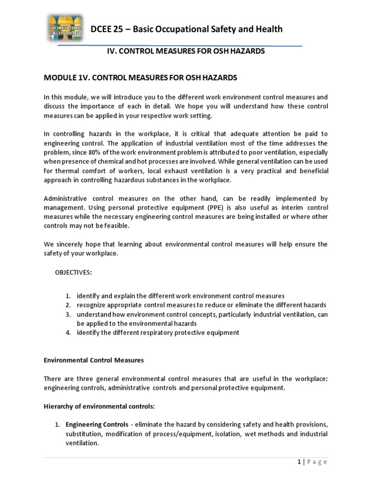 Module IV Control Measures For OSH Hazards | PDF | Personal Protective ...
