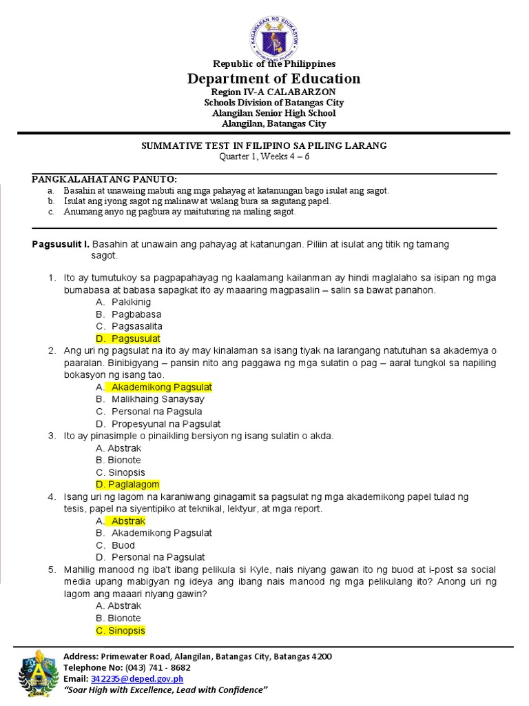 SUMMATIVE TEST PILING LARANG With ANSWER KEY | PDF