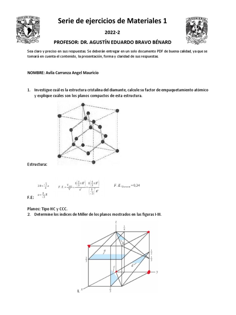Serie Ejercicios Materiales 1 Avila Carranza Angel Mauricio | PDF | Cristal | Química Física